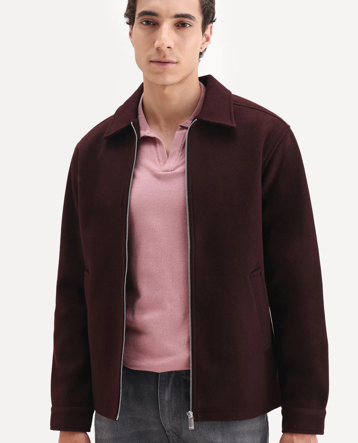 Rare Rabbit Men's Tweeder-25 Maroon Polyester Blend Fabric Collared Ne