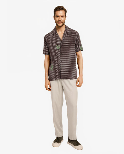 Rare Rabbit Men Vex Brown Viscose Fabric Short Sleeve Cuban Collar Box