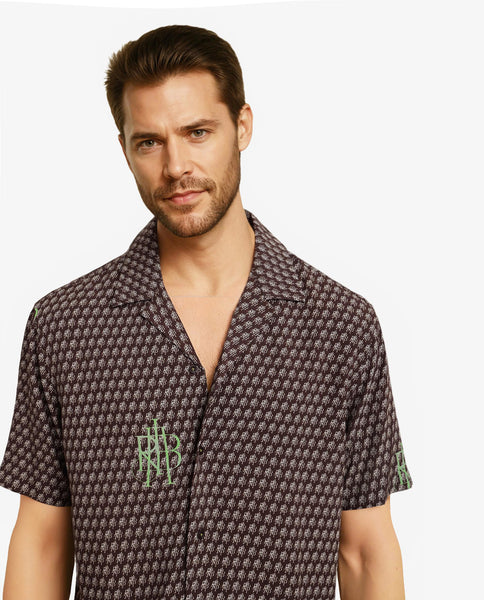 Rare Rabbit Men's Vex Brown Viscose Monogram Print Boxy Fit Half Sleev