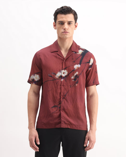 Rare Rabbit Men's Zovek Red Viscose Blend Floral Print Relaxed Fit Hal