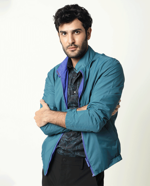 Rare Rabbit Men's Adol Petrol Plain Lightweight Band Collar Reversible