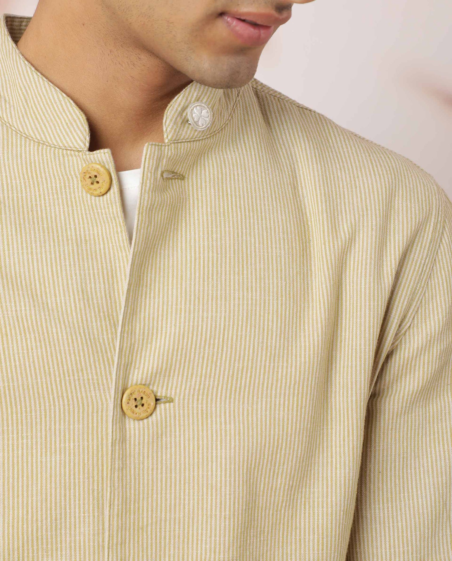 Rare Rabbit Men's Trex Mustard Linen Blend Mandarin Collar Striped Jac