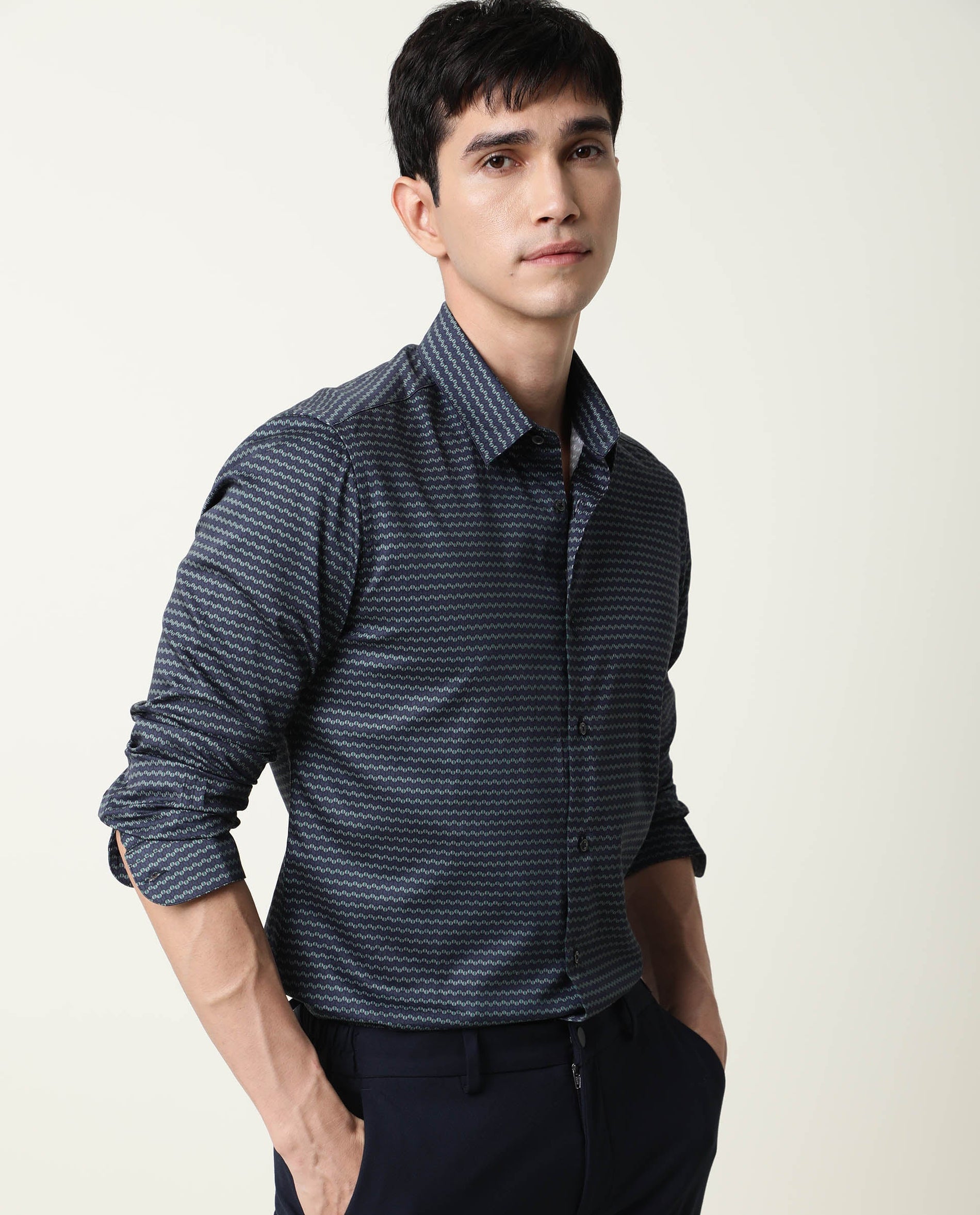 RARE RABBIT MEN'S MILLYY GREEN SHIRT COTTON FABRIC COLLARED NECK FULL