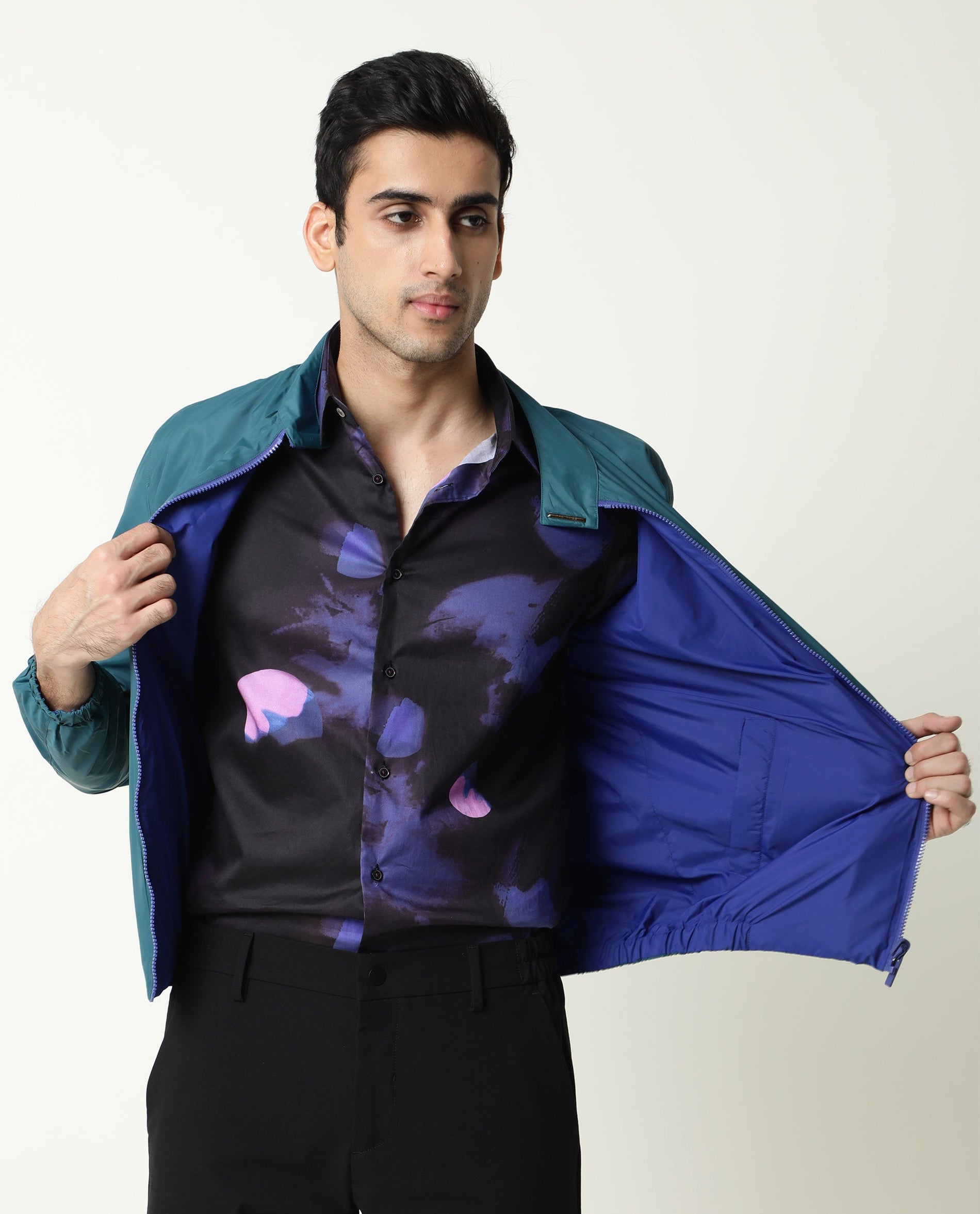 Rare Rabbit Men's Adol Petrol Plain Lightweight Band Collar Reversible