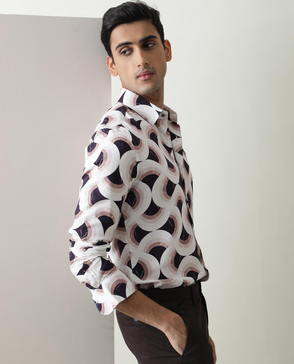 Rare Rabbit Men's Febug Off White Viscose Fabric Geometric Print Full