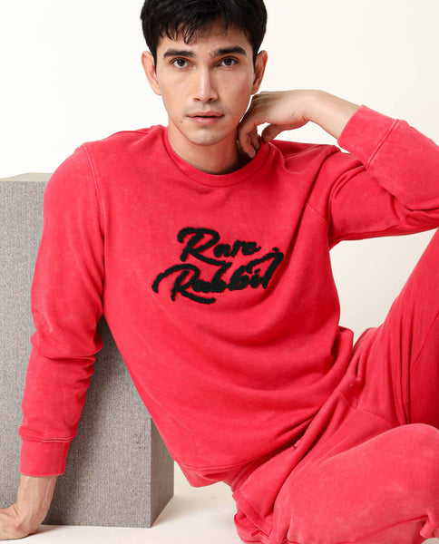 Rare Rabbit Men's Fern Red Cotton Embroidered Slim Fit Full Sleeve Cre