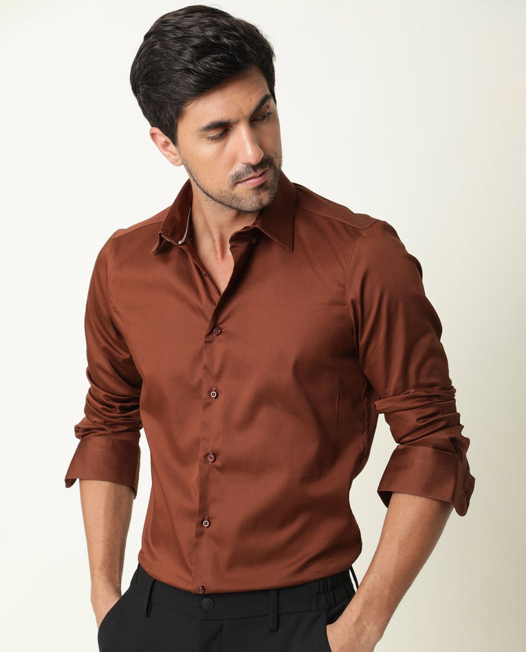 Rare Rabbit Men's Holand Rust Satin Fabric Full Sleeves Solid Shirt
