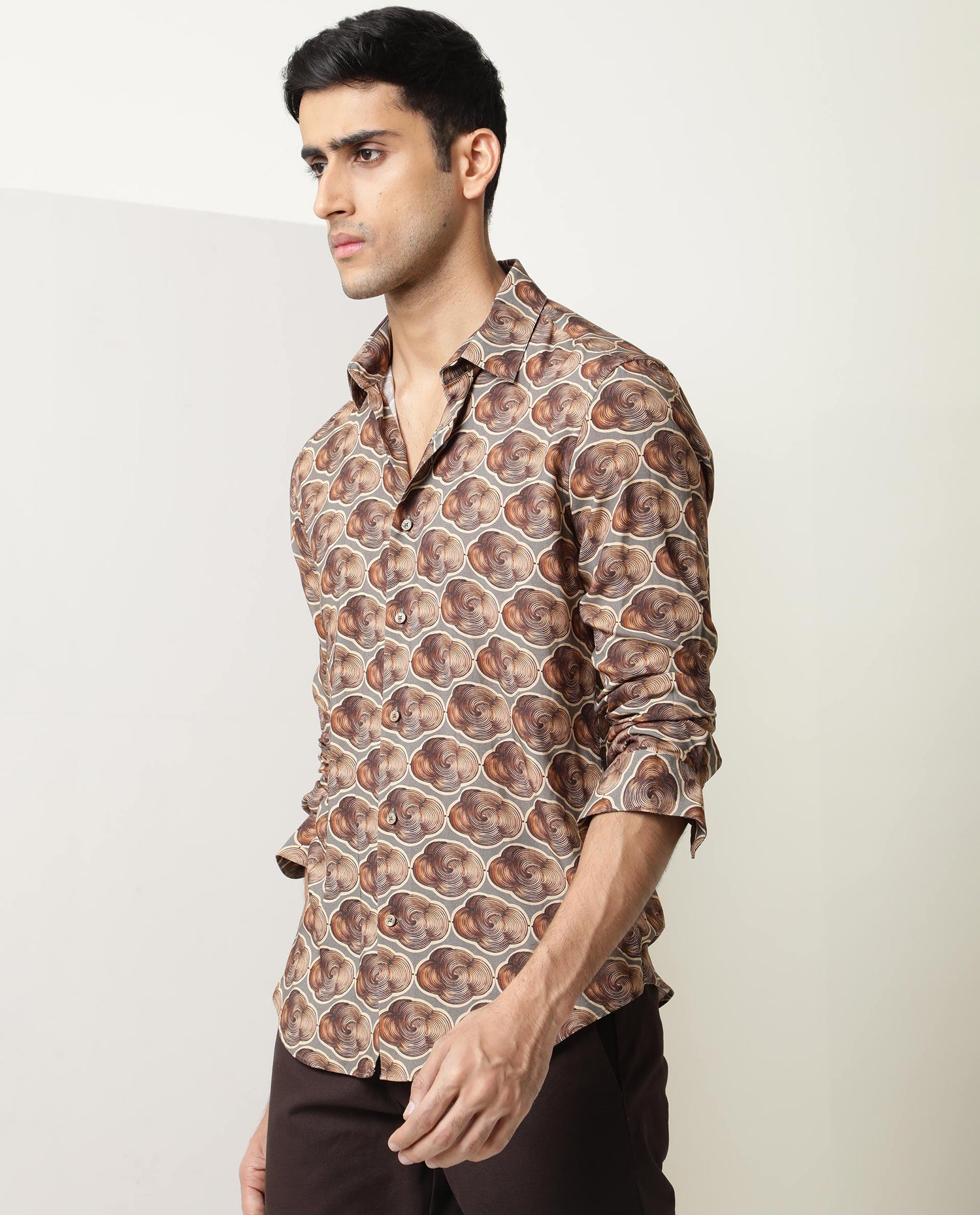 Rare Rabbit Men's Tymon Ls Grey Viscose Fabric Abstract Print Half Sle