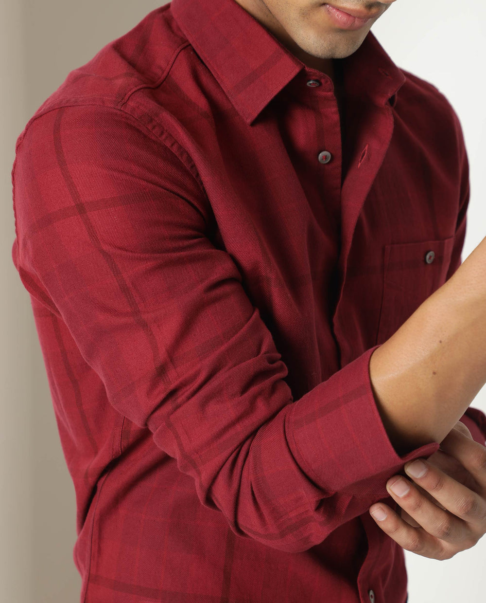 Rare Rabbit Men's Gareth Maroon Cotton Fabric Full Sleeves Checks Shir