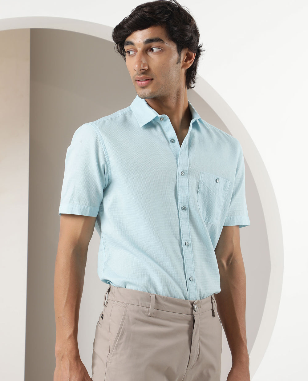 RARE RABBIT MEN'S AFFLE LIGHT BLUE SHIRT COTTON FABRIC COLLARED NECK H