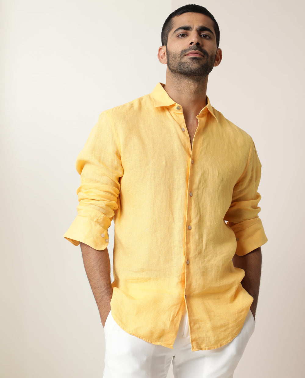 RARE RABBIT MEN'S LENIN YELLOW SHIRT LINEN FABRIC COLLARED NECK FULL S