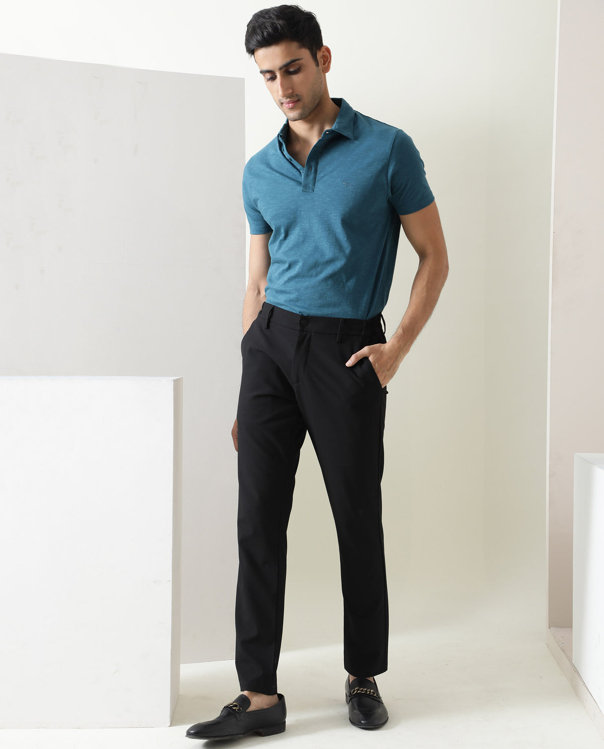 Rare Rabbit Men's Trent Petrol Cotton Fabric Collared Neck Half Sleeve