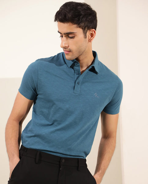 Rare Rabbit Men's Trent Petrol Cotton Fabric Collared Neck Half Sleeve