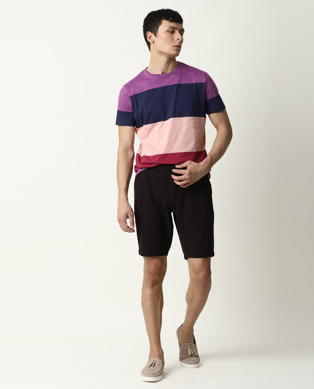 Rare Rabbit Men's Lemars Purple Cotton Fabric Crew Neck Half Sleeves S